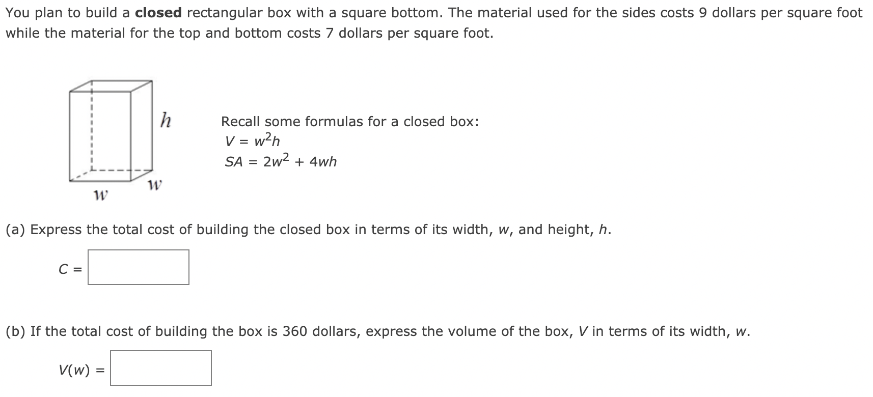 Solved You plan to build a closed rectangular box with a | Chegg.com