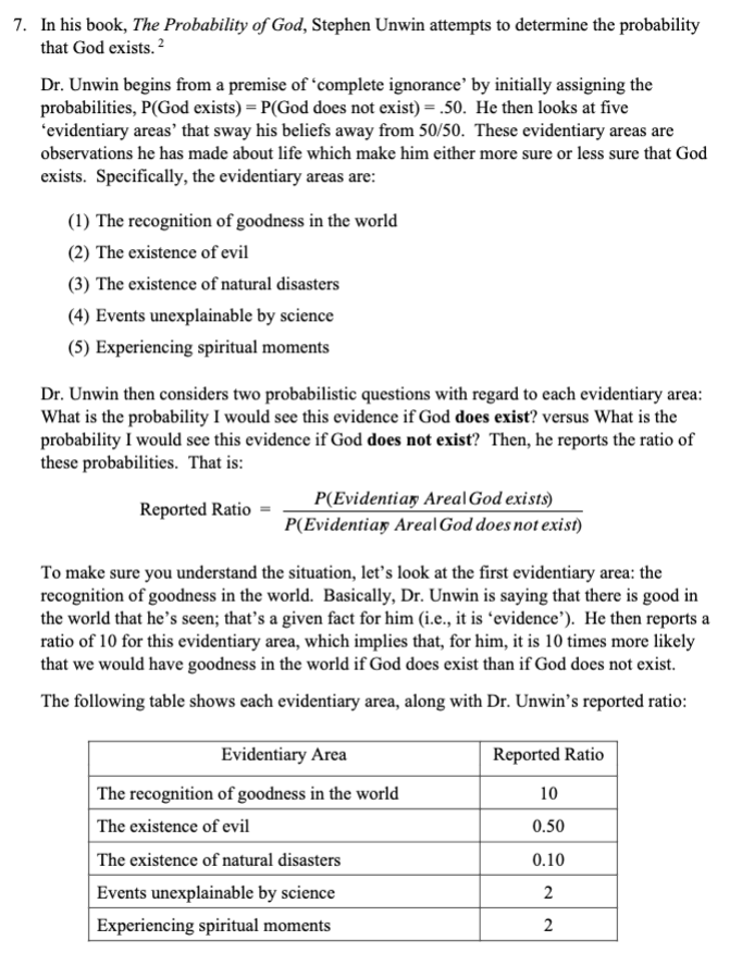 Solved 7. In his book, The Probability of God, Stephen Unwin | Chegg.com