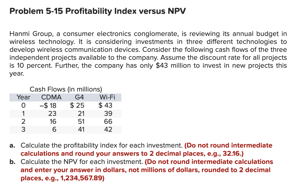 Problem 5-15 ﻿Profitability Index versus NPVHanmi | Chegg.com
