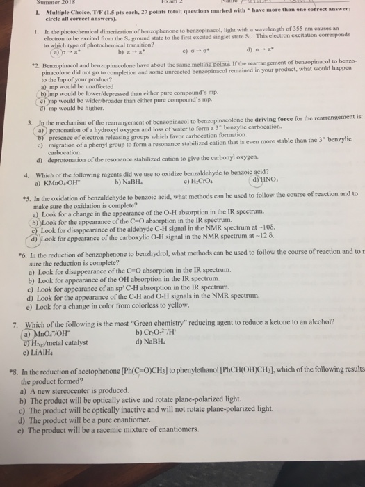 Solved Summer 2018 L. Multiple Choice, T/F (1.5 pts each, 27 | Chegg.com