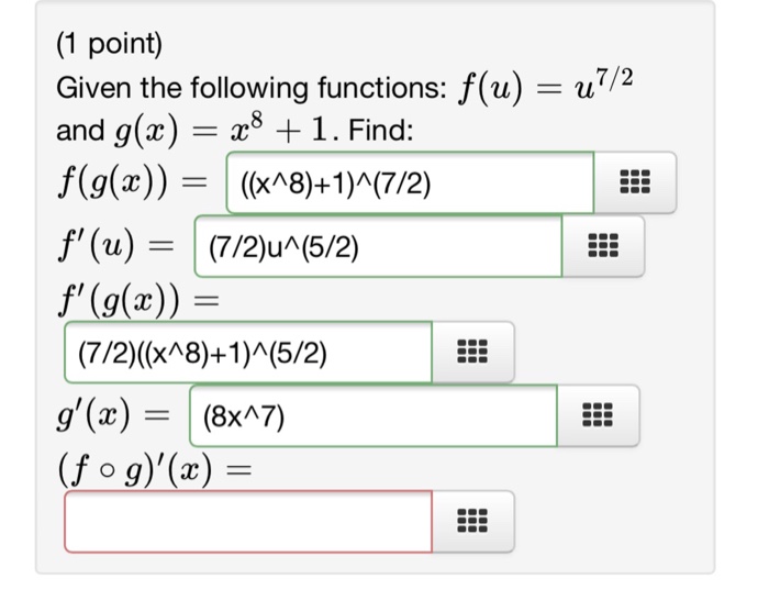 Solved Given the following functions: f(u) = u^7/2 and g(x) | Chegg.com