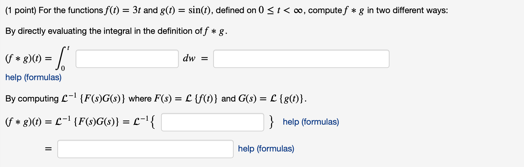 Solved (1 point) For the functions f(t) = 3t and g(t) = | Chegg.com