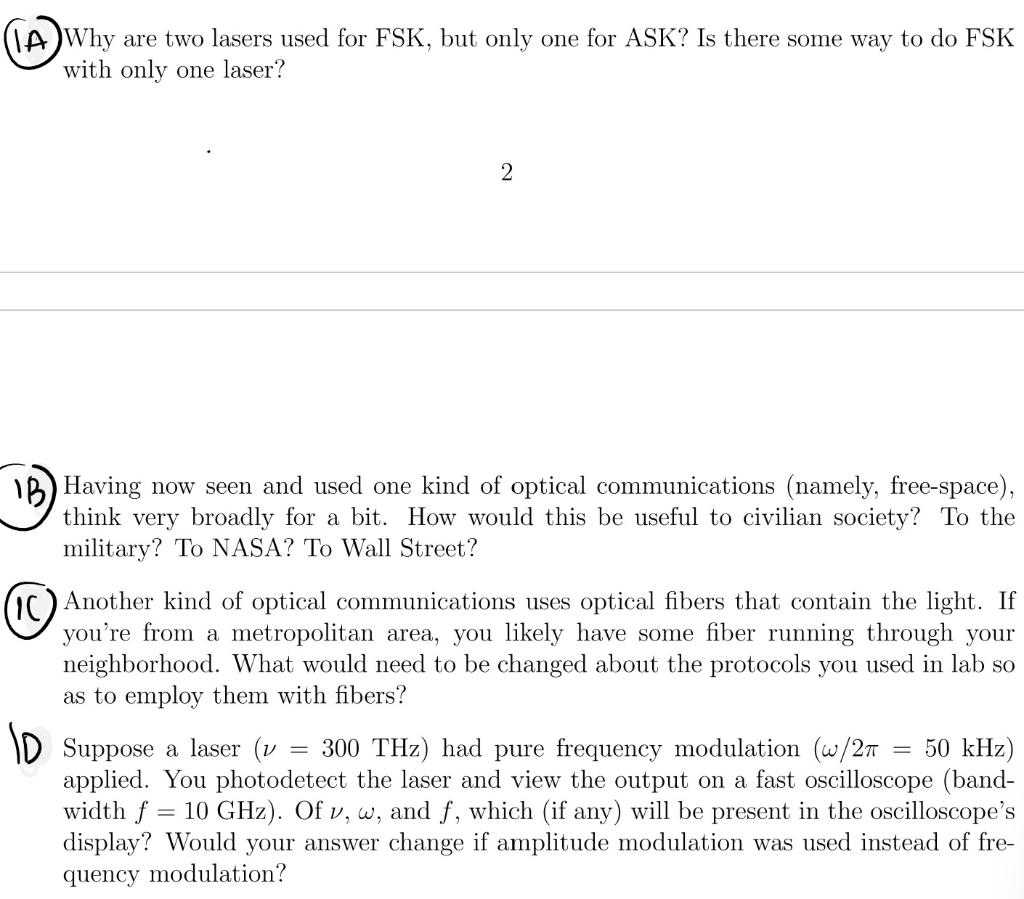 Solved IA Why are two lasers used for FSK, but only one for | Chegg.com