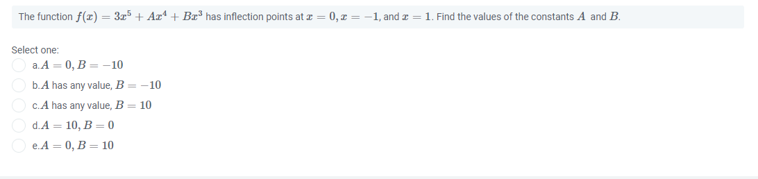 Solved The function f(x)=3x5+Ax4+Bx3 has inflection points | Chegg.com