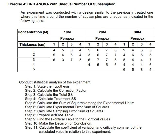 rcise 4: CRD ANOVA With Unequal Number Of Subsamples: | Chegg.com