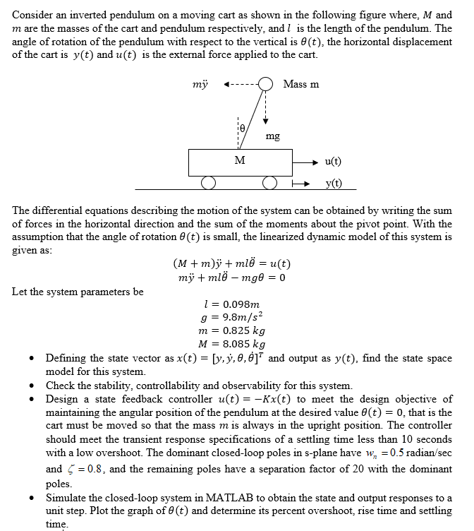 Solved Consider an inverted pendulum on a moving cart as | Chegg.com