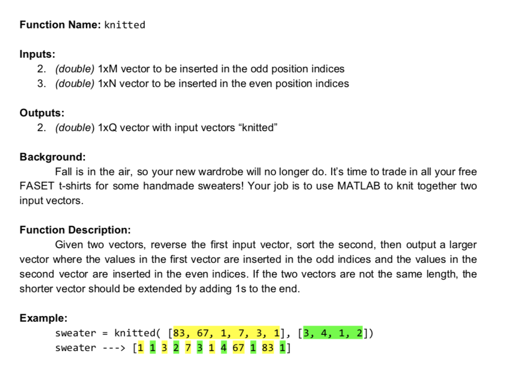 Solved Function Name Knitted Inputs 2 Double 1xm Vector