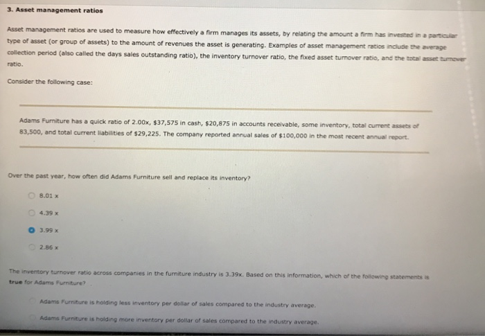 Solved 3. Asset management ratios management ratios are used | Chegg.com