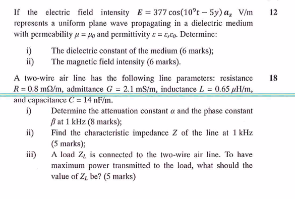 Solved If the electric field intensity E 377 cos(10°t - 5y) | Chegg.com