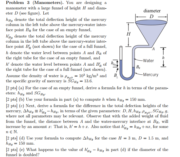 Solved manometer with a large funnel of height H and diam- | Chegg.com