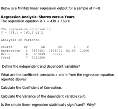 Solved Below is a Minitab linear regression output for a | Chegg.com