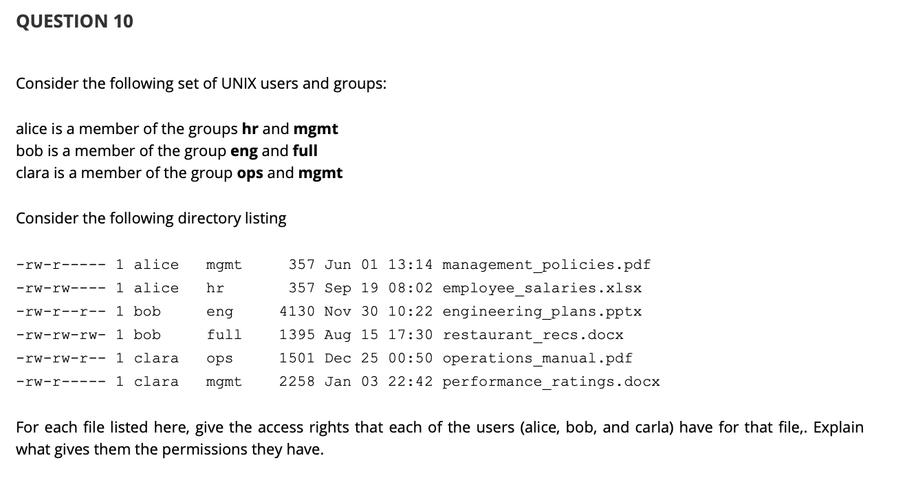 Solved QUESTION 10 Consider the following set of UNIX users | Chegg.com
