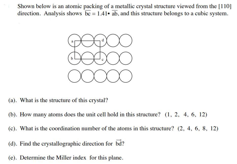 Solved Shown below is an atomic packing of a metallic | Chegg.com
