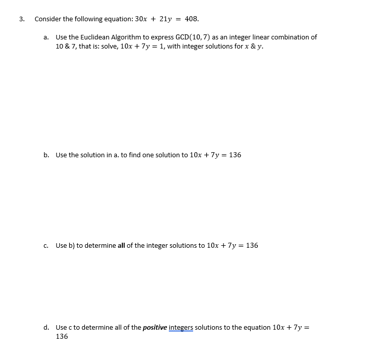 Solved Consider the following equation: 30x+21y=408. a. Use | Chegg.com