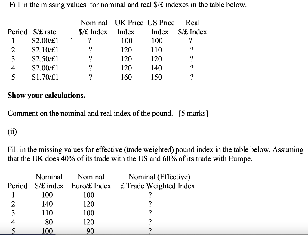 Solved Fill in the missing values for nominal and real $/£ | Chegg.com