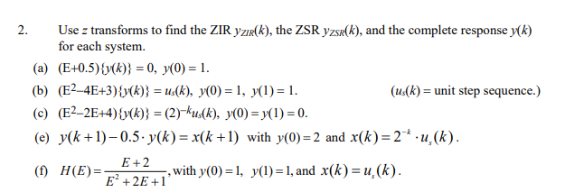 2. Use z transforms to find the ZIR Yzır(k), the ZSR | Chegg.com