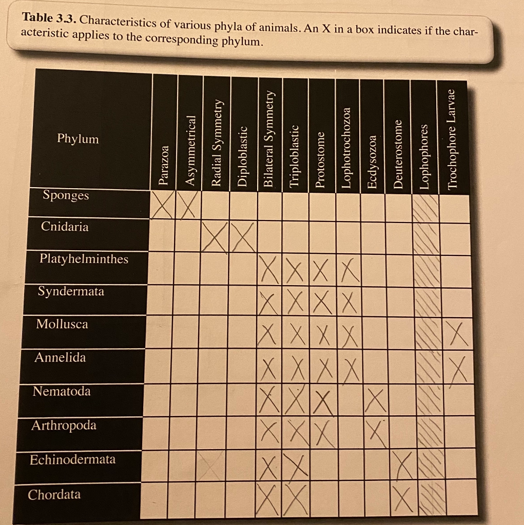 Solved Table 3.3. Characteristics of various phyla of | Chegg.com