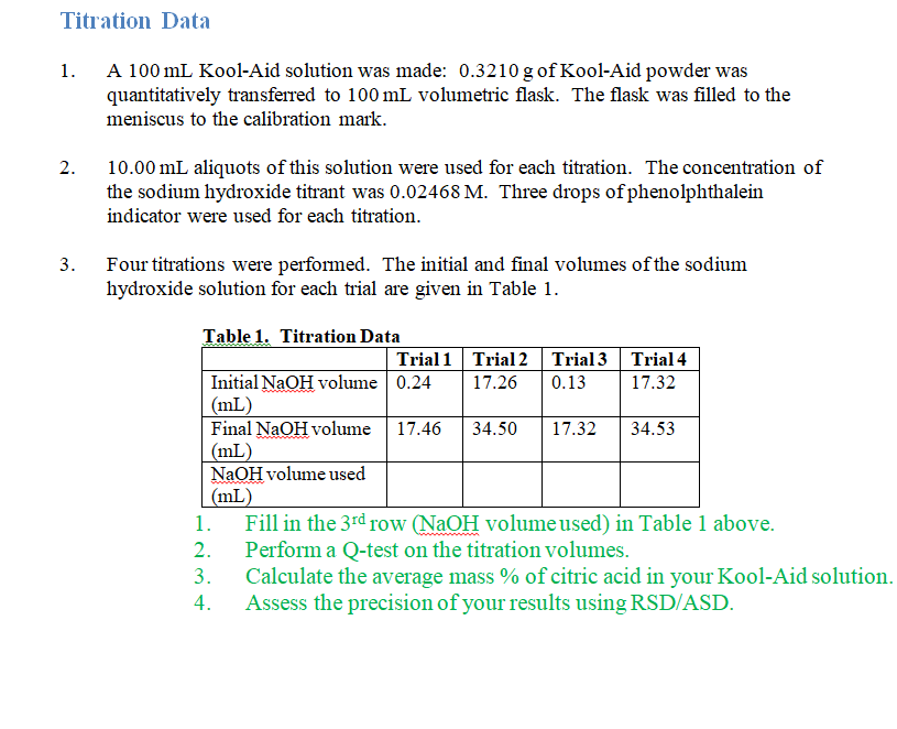 Solved Titration Data 1. A 100 mL Kool-Aid solution was | Chegg.com