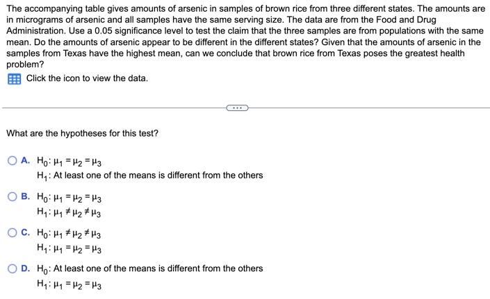 Solved The accompanying table gives amounts of arsenic in | Chegg.com