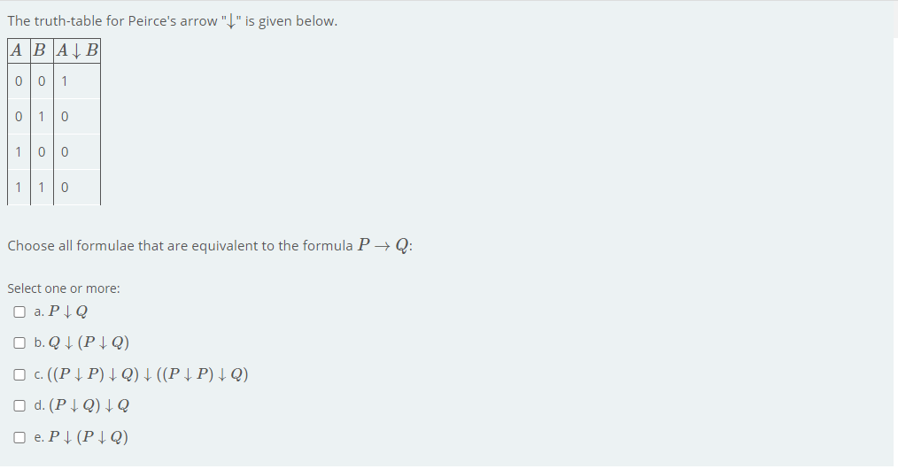 Solved The truth-table for Peirce's arrow "I" is given | Chegg.com