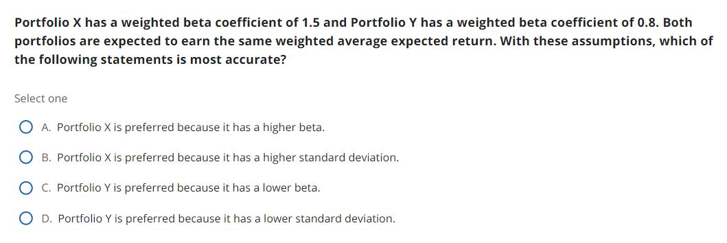 Solved Portfolio x ﻿has a weighted beta coefficient of 1.5 | Chegg.com