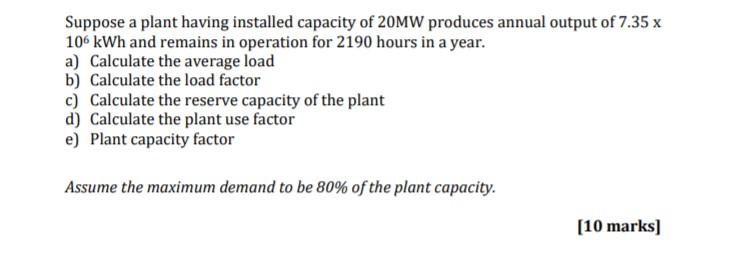 Solved Suppose a plant having installed capacity of 20MW | Chegg.com