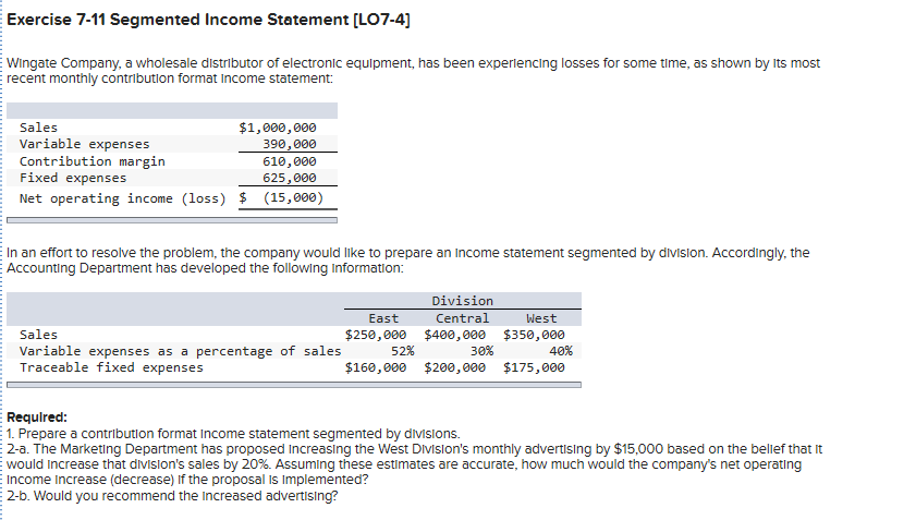 Solved Exercise 7-11 Segmented Income Statement (LO7-4) | Chegg.com