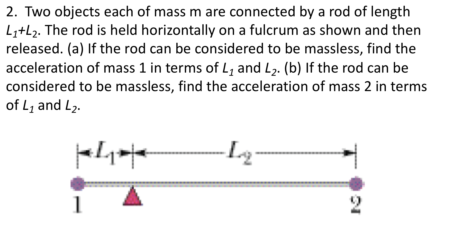 Solved 2. Two objects each of mass m are connected by a rod | Chegg.com