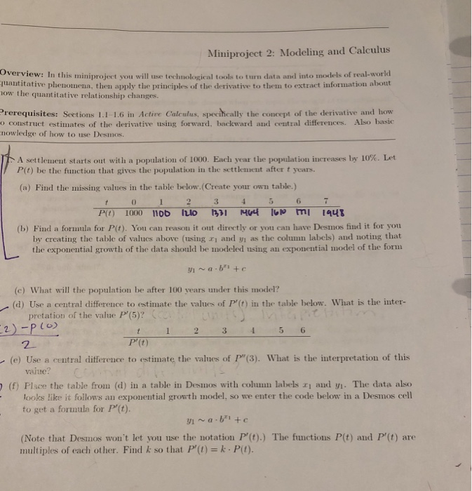 Solved Miniproject 2: Modeling and Calculus Overview: In | Chegg.com