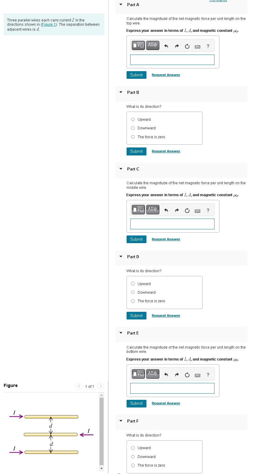 Solved Three parallel wires each carry current I in the | Chegg.com