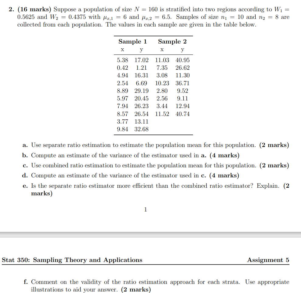 2. (16 marks) Suppose a population of size N=160 is | Chegg.com