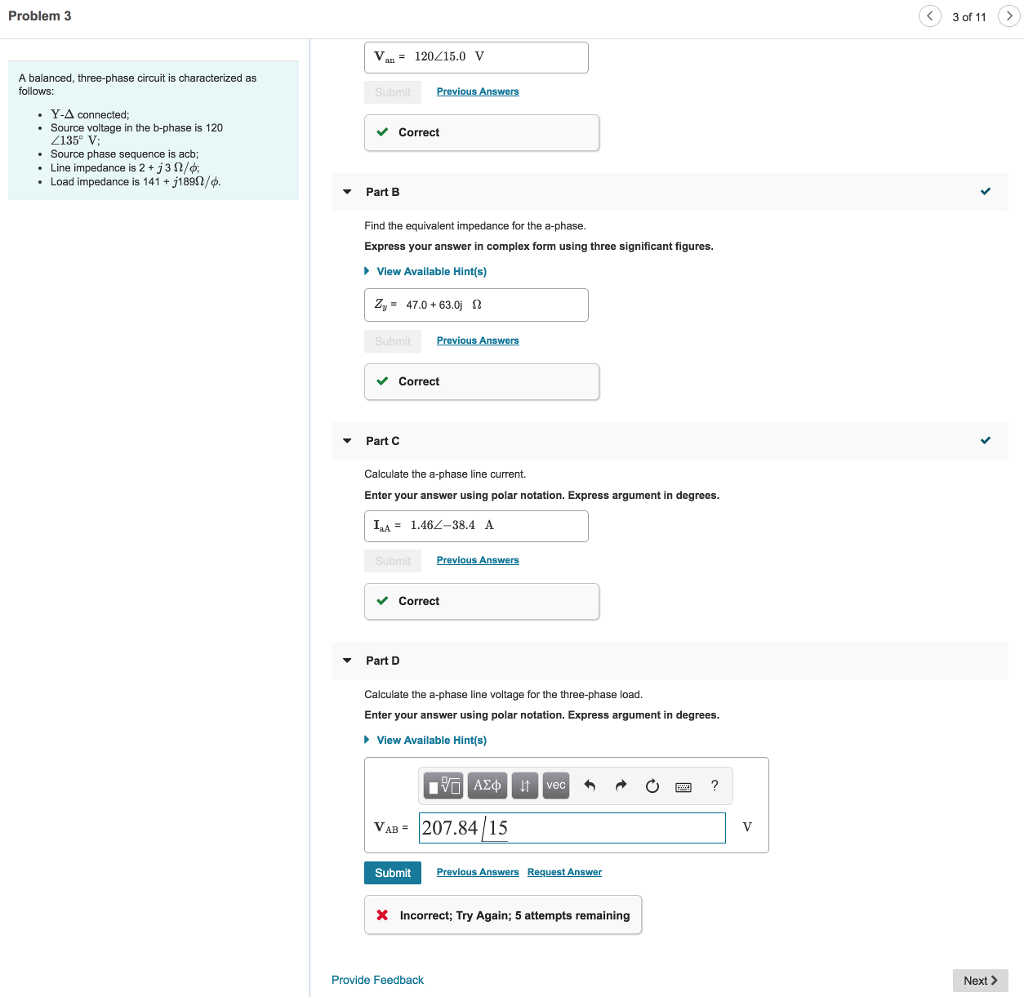 Solved Problem3 3 of 11 120/15.0 V A balanced, three-phase | Chegg.com