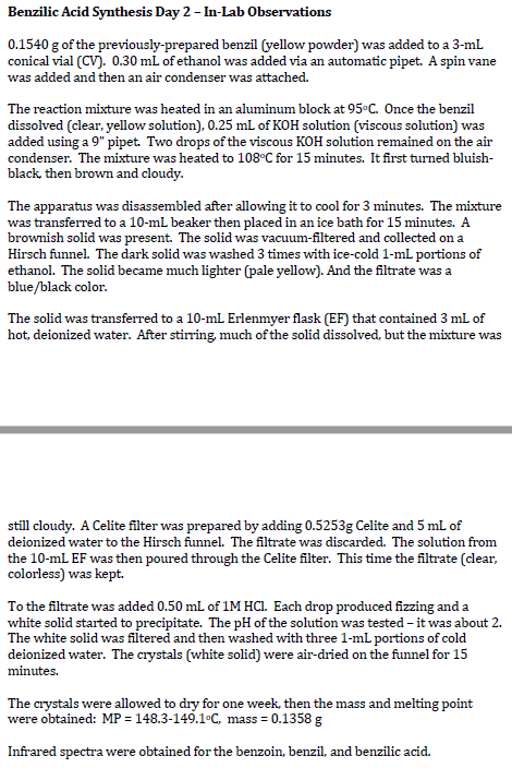 Solved Benzil Synthesis Day 1 - In-Lab Observations 0.3091 g | Chegg.com