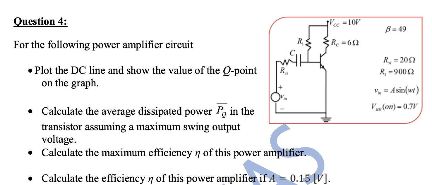 Solved For the following power amplifier circuit - Plot the | Chegg.com