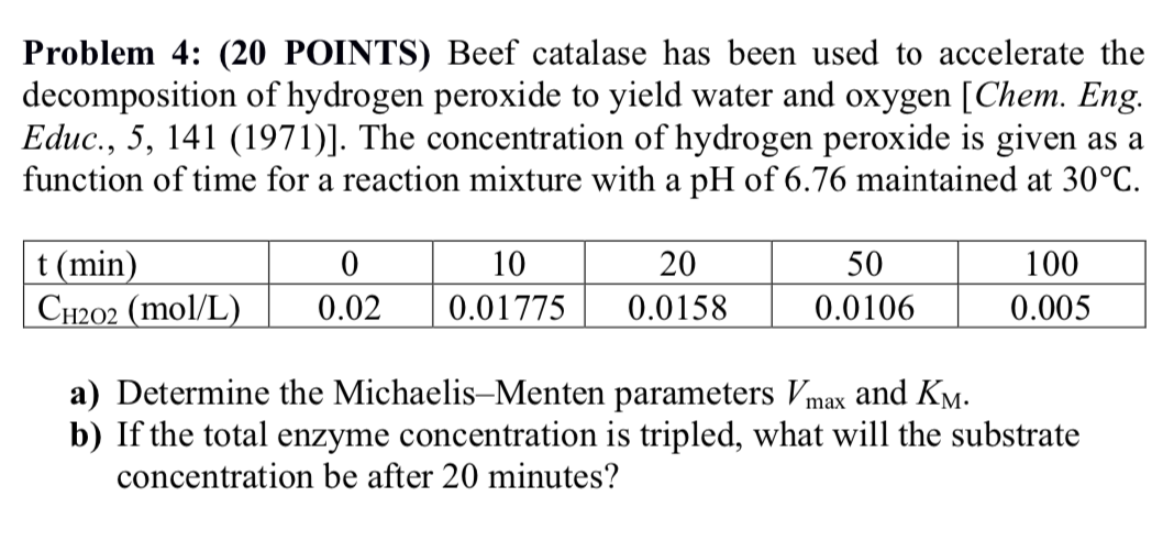 Problem 4: (20 POINTS) Beef catalase has been used to | Chegg.com
