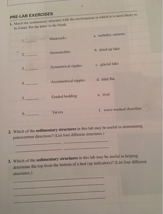 Solved PRE-LAB EXERCISES 1. Match the sedimentary structure | Chegg.com