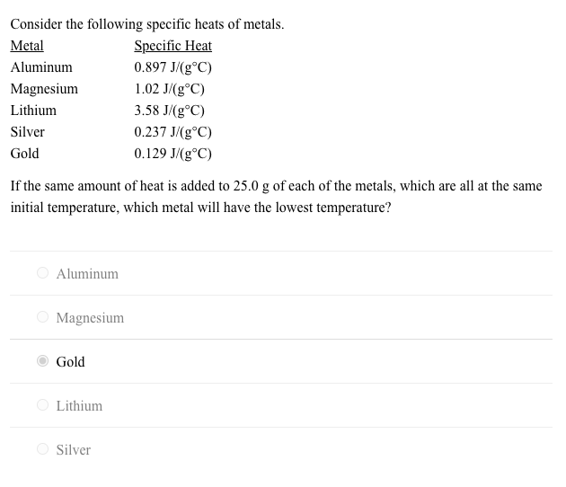 Solved Consider the following specific heats of metals. | Chegg.com