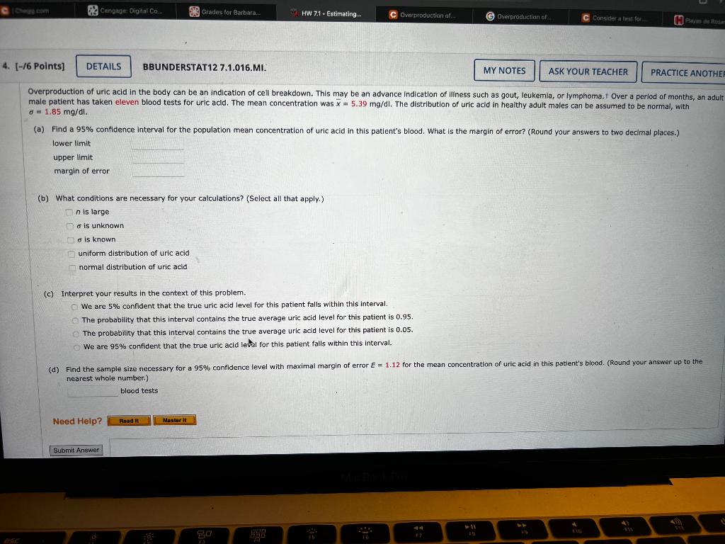 Solved σ=1.85mg/dl. lower limit upper limit margin of error | Chegg.com