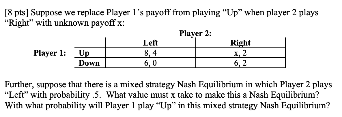 Solved [8 pts] Suppose we replace Player l’s payoff from | Chegg.com