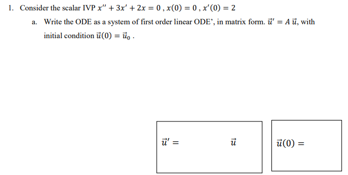 1. Consider the scalar IVP x" + 3x' + 2x = 0,x(0) = | Chegg.com