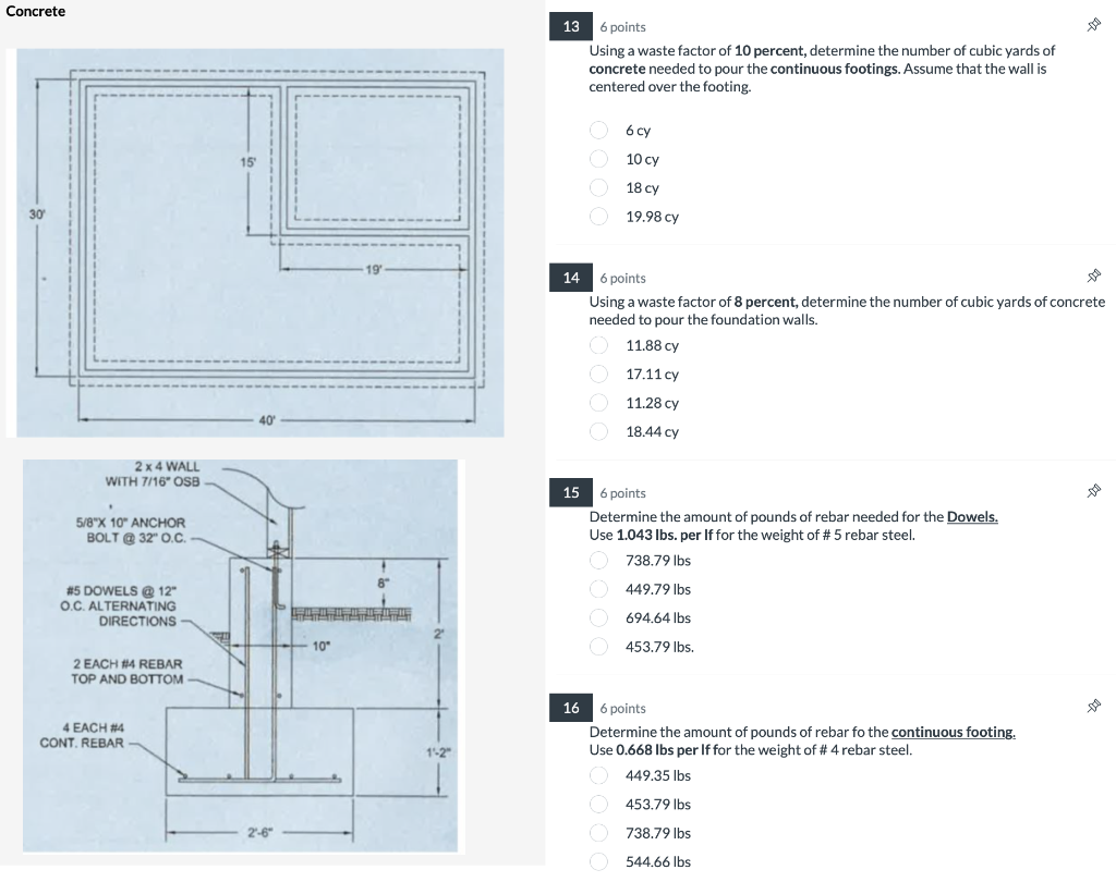 Solved Concrete 13 6points Using a waste factor of 10 | Chegg.com