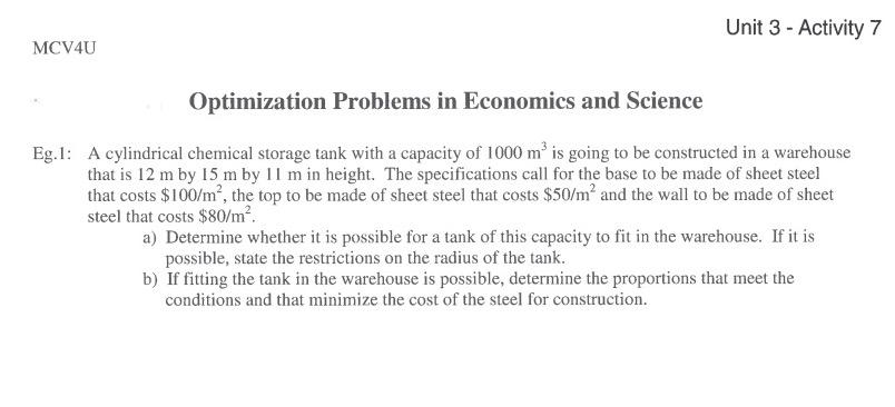Solved Unit 3 - Activity 7 MCV4U Optimization Problems in | Chegg.com