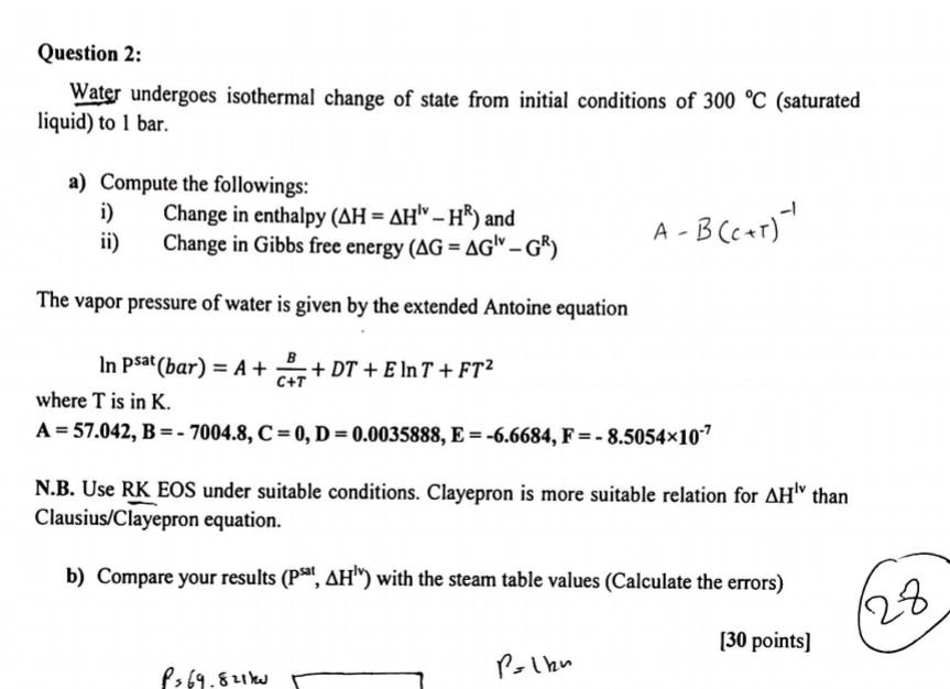 Question 2: Water undergoes isothermal change of | Chegg.com