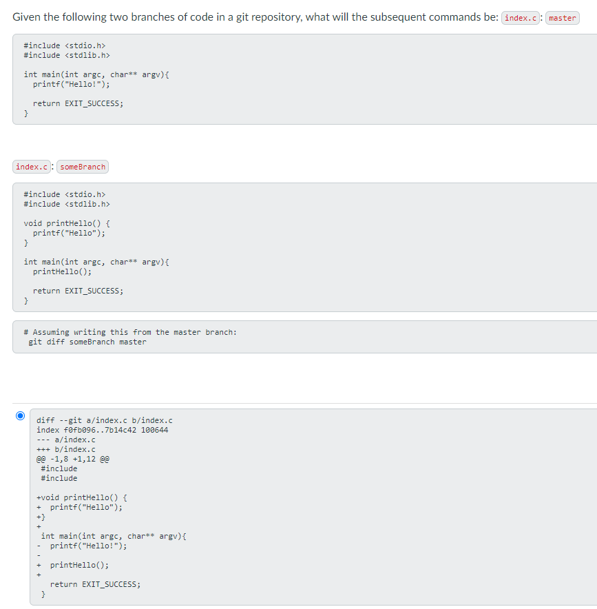 Solved Given the following two branches of code in a git | Chegg.com