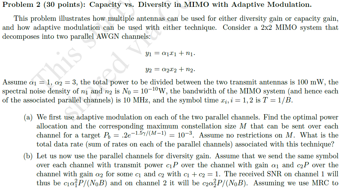 Problem 2 (30 points): Capacity vs. Diversity in MIMO | Chegg.com