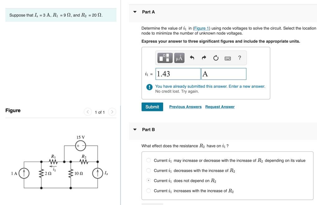 Solved Part A Suppose that Is = 3 A, R1 = 92, and R2 = 20 | Chegg.com