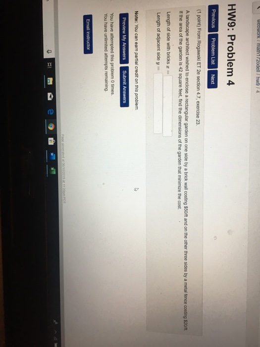 Solved webwork / math1720dell /hw9/4 HW9: Problem 4 Previous | Chegg.com