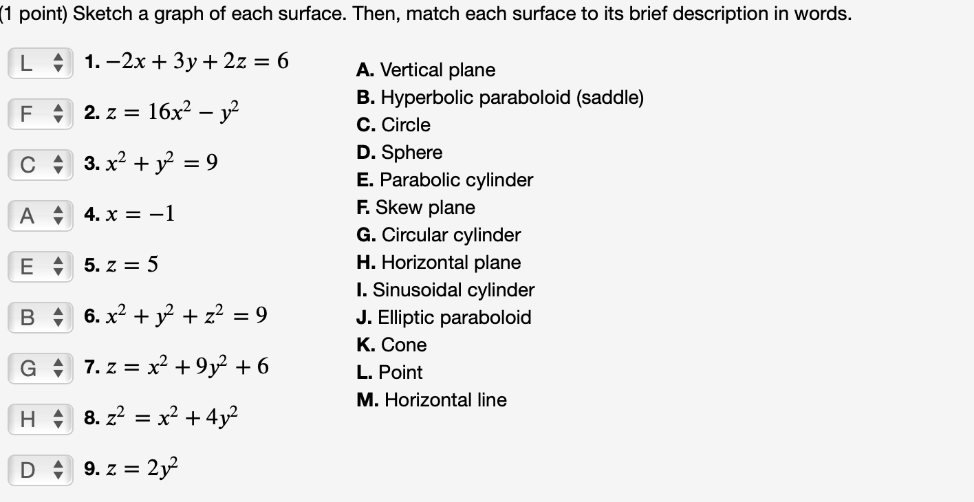 Solved (1 point) Sketch a graph of each surface. Then, match | Chegg.com
