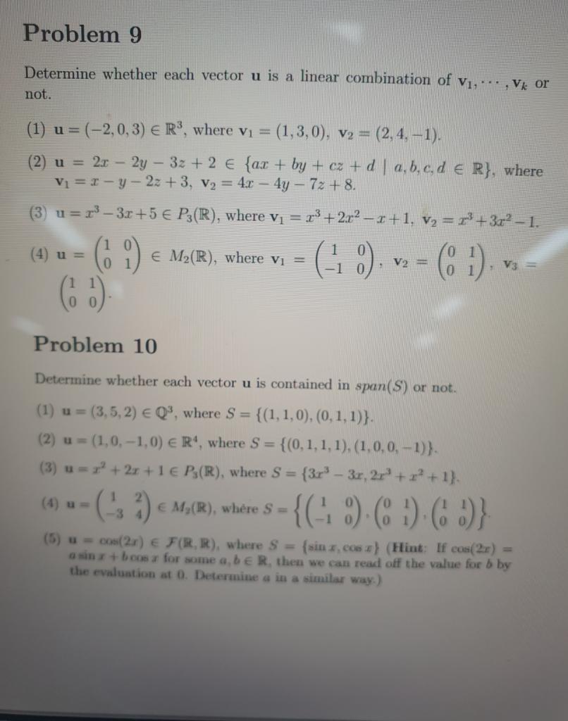 Solved Determine whether each vector u is a linear | Chegg.com