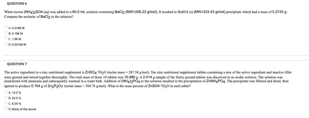 Solved When excess (NH4)2SO(aq) was added to a 60.0 mL | Chegg.com